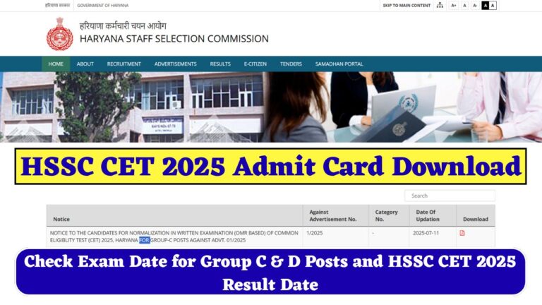 HSSC CET 2025 Admit Card Download Link, Check Exam Date for Group C & D ...